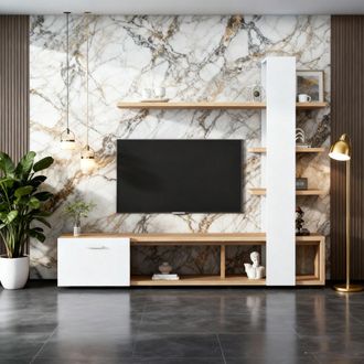 Generic Ensemble de Salon Design et fonctionnel - 180x33.5x151.5cm Meuble TV bas et rangements int&eacute;gr&eacute;s, Style ch&ecirc;ne Blanc Moderne