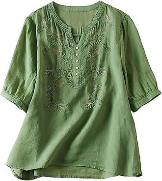 Generic Haut d&eacute;t&eacute; &agrave; manches 3/4 pour femme - Motif floral brod&eacute; - Style r&eacute;tro boh&egrave;me ethnique paysanne - Chemisier tendance, Vert, XXL