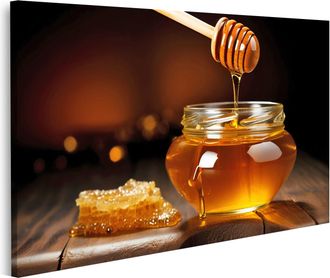 Islandburner Bild auf Leinwand Close Up Glas Honig Dipper Tropft Honig Holztisch Dunkel Close Up Glas Bilder Wandbilder Poster