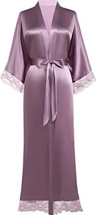 Babeyond Peignoir long et court pour femme - Couleur unie - Manches en dentelle - Satin - Robe kimono dété - Couleur pure, violet/transparent, taille unique