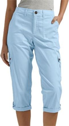 Generic Bermuda long pour femme - Style d&eacute;contract&eacute; - Pour l&eacute;t&eacute; et le printemps - Coupe droite - Avec poche - Ourlet roul&eacute; - Pantalon court, bleu, XXL