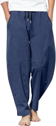 Generic Pantalon chino en lin &agrave; jambe large pour homme noir avec cordon de serrage - Coupe ajust&eacute;e - Pantalon cargo en lin et coton - Pantalon chino d&eacute;contrac