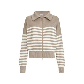 Brunello Cucinelli Sparkling Cotton Striped English Rib Cardigan With Zipper And Monili