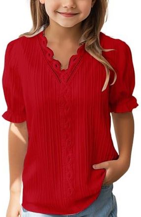 Generic Chemisier Chic Fille Manches Court - Haut Enfants Chic Et Elegant Tops Couleur Unie Chemise Col V Hauts avec Manches Shirt Respirant T-Shirt Soir&eacute;e Ch