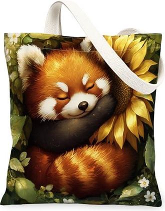 Generic Sac fourre-tout en toile motif panda rouge printanier, 33 x 38,1 cm, motif de feuille de tournesol, sac d&eacute;picerie r&eacute;utilisable, sac d&eacute;picerie pour fem
