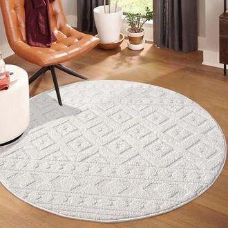 Carpet City Tapis à poils courts crème, 120 cm, rond, motif de profondeur, effet 3D, motif losanges, revêtement de sol, décoration de chambre à coucher