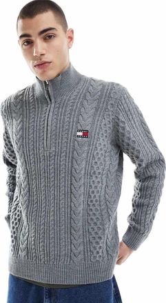 Tommy Jeans Strickpullover in Grau mit Zopfmuster und kurzem Reißverschluss