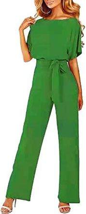 TOMWELL Jumpsuit Femmes Combinaison Manches Courtes Col Rond Couleur Unie Barboteuse Jumpsuit Dété Chic Élégant Slim Pantalon Loose Casual Combishort avec Cei