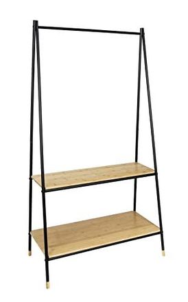WENKO Portemanteau sur Pied Loft, Porte-Manteau avec 2 &Eacute;tag&egrave;res Spacieuses, En Tube dAcier Noir Et Bambou Certifi&eacute; Fsc, Charge Maximale 40 Kg, 90 X 167 X 42