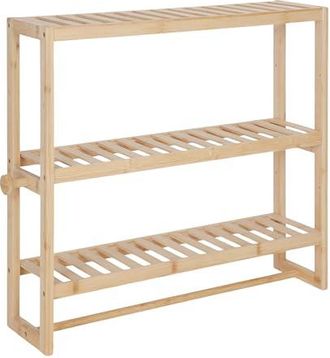 Relaxdays Wandregal Bad, HxBxT: 54 x 60 x 15 cm, Bambus, Handtuchstange, 2 Haken, schmales Schweberegal Küche, Natur