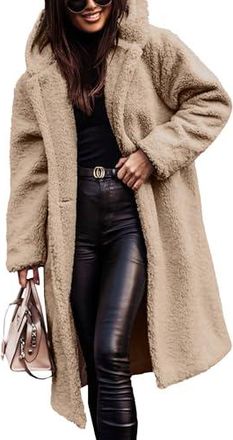 Generic Manteau dhiver en polaire pour femme - Longue veste &agrave; capuche pelucheuse boutonn&eacute;e - Fausse fourrure - V&ecirc;tement dext&eacute;rieur chaud pour temps froid, abr