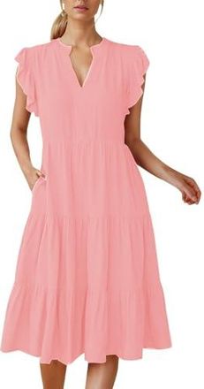 Generic Robe d&eacute;t&eacute; pour femmes - Robe midi &agrave; manches volant&eacute;es et col en V - Coupe fluide et d&eacute;contract&eacute;e, style boh&egrave;me, vacances de plage, robe ample pour fem