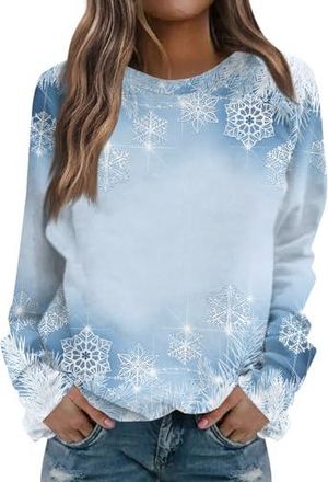 Generic Sweat-shirt graphique de Noël pour femme, pull festif à manches longues et col rond avec imprimé flocon de neige, renne et Père Noël, pull de Noël pou