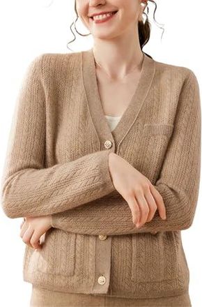 Generic Cardigan &agrave; col en V 100 % cachemire pour femme - Veste dhiver unie douce et confortable en tricot &eacute;l&eacute;gant, Ye Zong Camel, Taille XS