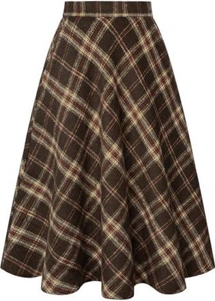 Belle Poque Jupes &agrave; carreaux vintage taille haute avec poches, jupe pliss&eacute;e polyvalente pour femme, Motif &eacute;cossais marron et rouge, XXL