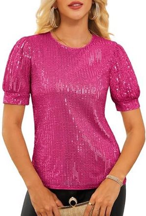 Grace Karin Hauts pailletés à Manches Courtes et col Rond pour Femme Pull à Paillettes débardeur Fluo Rose Rouge Taille S