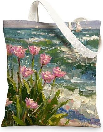 Generic Sac fourre-tout en toile artistique, imprimé floral vintage, sac de courses réutilisable, léger et lavable à bandoulière pour T, pêche, 13x15 Inch