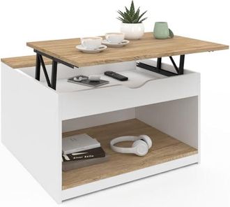 IDMarket Table Basse Plateau relevable carr&eacute;e ELEA avec Coffre Bois Blanc et fa&ccedil;on h&ecirc;tre