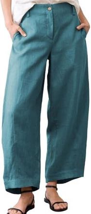 Generic Pantalon d&eacute;t&eacute; &agrave; jambe large pour femme - Taille haute - En lin - L&eacute;ger - Jambe droite - Pour affaires, bureau, travail, palazzo - Braguette &agrave; boutons 