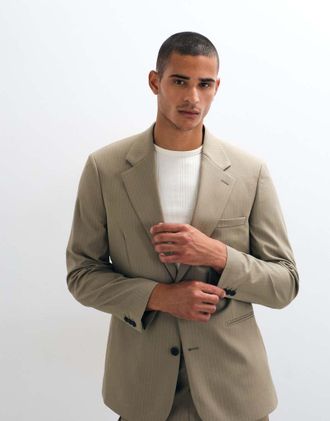 Asos schmal geschnittene Anzugjacke in Khaki mit Nadelstreifen-Gr&uuml;n
