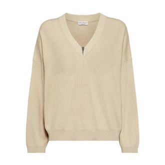 Brunello Cucinelli Femme, Pulls, Beige, Taille: 36 FR Tricot &agrave; Manches Longues et Col en V