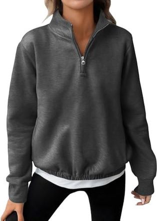 Generic Sweats &agrave; capuche pour femme avec demi-fermeture &eacute;clair et col, gris fonc&eacute;, S