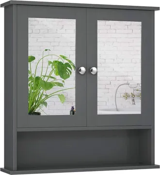 Costway Spiegelschrank mit h&ouml;henverstellbarer Ablage Badezimmer, Badschrank mit Spiegel, H&auml;ngeschrank, 58,5x56,5x13,5cm Grau - Costway