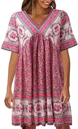 Generic Robes boh&egrave;me 2026 pour femmes, v&ecirc;tements tendance, mini robe pliss&eacute;e &agrave; manches courtes &agrave; imprim&eacute; floral, rose, M