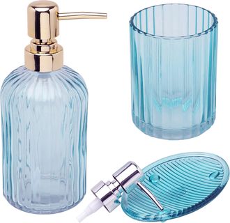 G Decor 3-teiliges modernes Badezimmerzubehör-Set aus transparentem Pressglas, inklusive Flüssigseifen- oder Lotionspender, Zahnbürstenhalter, Seifenschale (B