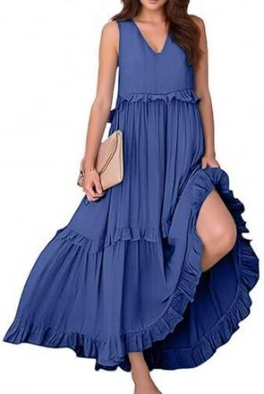 Generic Robe boh&egrave;me 2026 pour femme, col sans manches avec plis superpos&eacute;s, coupe ample et jupe longue fluide, &eacute;l&eacute;gante et d&eacute;contract&eacute;e, plage, noir fonc&eacute;, XX