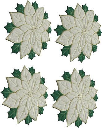 Angoily 4 St&uuml;ck Tischsets mit Besticktem Weihnachtsstern 40cm Platzsets aus Silberwei&szlig;em Leinen mit Schwammf&uuml;llung Isolierende Tischunterlagen f&uuml;r Festliche T