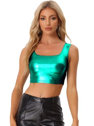 Allegra K Damen Metallic Crop Top Party Tanktop &Auml;rmellos Gl&auml;nzend Club Bauchfrei Oberteil Schwarz Gr&uuml;n M