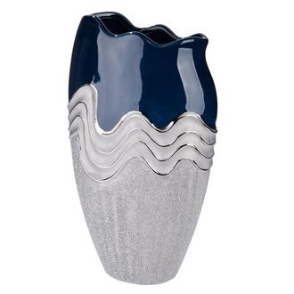 Gilde Vase Wavy - Keramik - konisch - H&ouml;he 39cm x Breite 22,5cm - dunkelblau silberfarben - glasiert strukturiert - wasserdichte Blumenvase