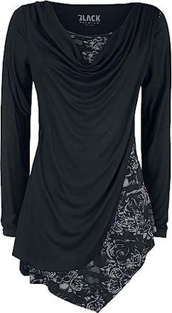 Black Premium by EMP Femme Chemise Noire à Manches Longues, Encolure Cascade et imprimé XXL