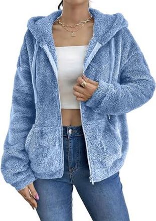 Generic Sweat &agrave; capuche chaud zipp&eacute; pour femme - Veste polaire doubl&eacute;e Sherpa avec poches, bleu, L