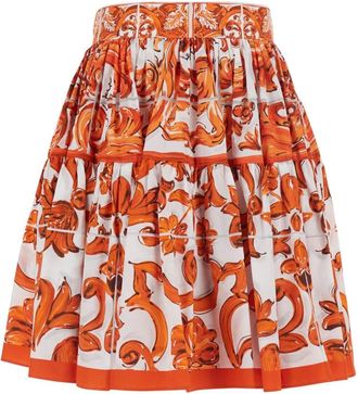 Dolce & Gabbana Femme, Jupes, Multicolore, Taille: 36 FR Mini-jupe orange avec imprim&eacute; Majolica all-over en coton pour femme