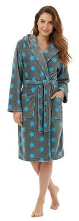 Brandsseller Peignoir Femme avec Capuche L/XL - Doux et L&eacute;ger en Microfibre avec Motif &Eacute;toiles - Certifi&eacute; Oeko-Tex - Id&eacute;al Maison, Spa ou Sauna - Gris/Turquoise