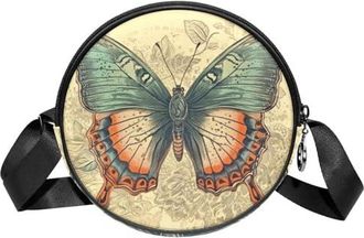 Generic Sac &agrave; bandouli&egrave;re rond pour femme, motif papillon vintage, petit sac &agrave; bandouli&egrave;re avec fermeture &eacute;clair, bretelles r&eacute;glables, sac &agrave; main rond d&eacute;contr
