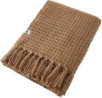 Altobuy Karl - Plaid &agrave; Franges 100% Recycl&eacute; Tissage Nid dabeilles 180x220cm Camel