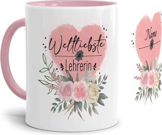 Tassendruck Lehrerin-Tasse - Weltliebste Lehrerin - mit Name personalisieren, Abschiedsgeschenk Lehrerin, pers&ouml;nliches Geschenk | 300ml, Innen & Henkel Rosa