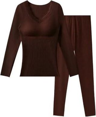 Generic CHJAN Ensemble de sous-v&ecirc;tements thermiques en laine et soie pour femme Doublure polaire bross&eacute;e avec coussinet de poitrine Couche de base sans coutur