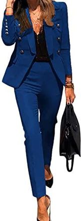 Minetom Tailleur Femme 2 Pièces Elegant Couleur Unie Blazer Veste Formel Bureau Travail Pantalon Costumes A Bleu 38