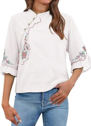 Generic Chemisier d&eacute;contract&eacute; &agrave; col mandarin brod&eacute; &agrave; manches trois-quarts pour femme | Chemise d&eacute;t&eacute; l&eacute;g&egrave;re et &eacute;l&eacute;gante pour le quotidien et les voyages, blanc