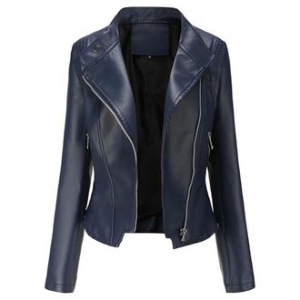 Generic Veste de moto courte en cuir synth&eacute;tique pour femme avec col &agrave; revers et fermeture &eacute;clair, noir fonc&eacute;, XXL