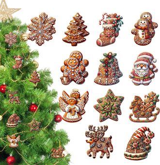 Generico Genzero Brot Weihnachtsdekorationen | 24 mit Schneepuppen | Engel und Elch | Weihnachtsdekorationen mit Kordel zum Aufh&auml;ngen | F&uuml;r Weihnachtsb&auml;ume, Pa