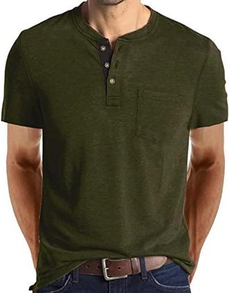 Generico T-shirt pour homme &agrave; manches courtes en coton, style d&eacute;contract&eacute;, respirant, avec boutons et poche pour un usage quotidien, vert, XXXL