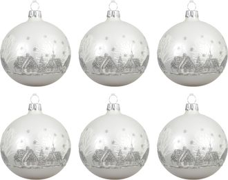 Kaemingk Weihnachtskugeln Glas 8cm Handbemalt Mundgeblasen Silber Deko 6 Stück Christbaumschmuck Weihnachtsbaumkugeln Christbaumkugeln Winterdorf Motiv Weiß ma