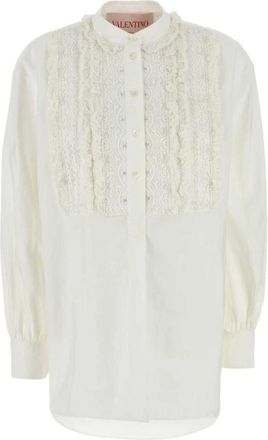 Valentino Garavani Femme, Blouses et Chemises, Blanc, Taille: 36 FR Lace Trimmed Cotton Poplin Shirt