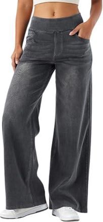TOMWELL Pantalon Femme Taille Elastique Droite Straight Jeans Baggy Pantalon Large A Gris Clair XL