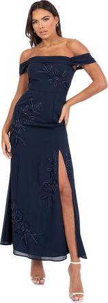 Maya Womens Maxi Ladies Off Shoulder Bardot Sleeveless A-line Split Slit Embroidered Bead Embellished Evening Prom Dress, Navy Blue, 40